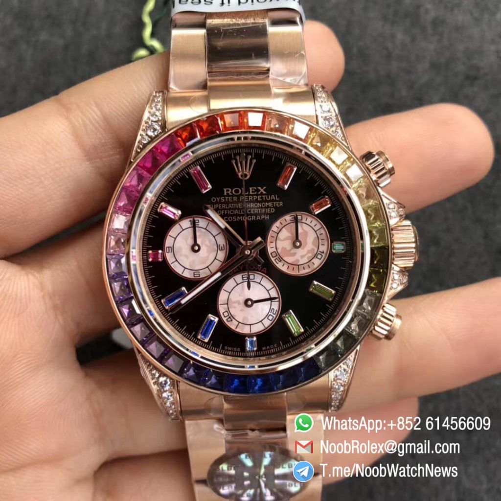 Fake Rolexes Daytona 116595RBOW Full Rose Gold Rainbow Crystal Bezel ...